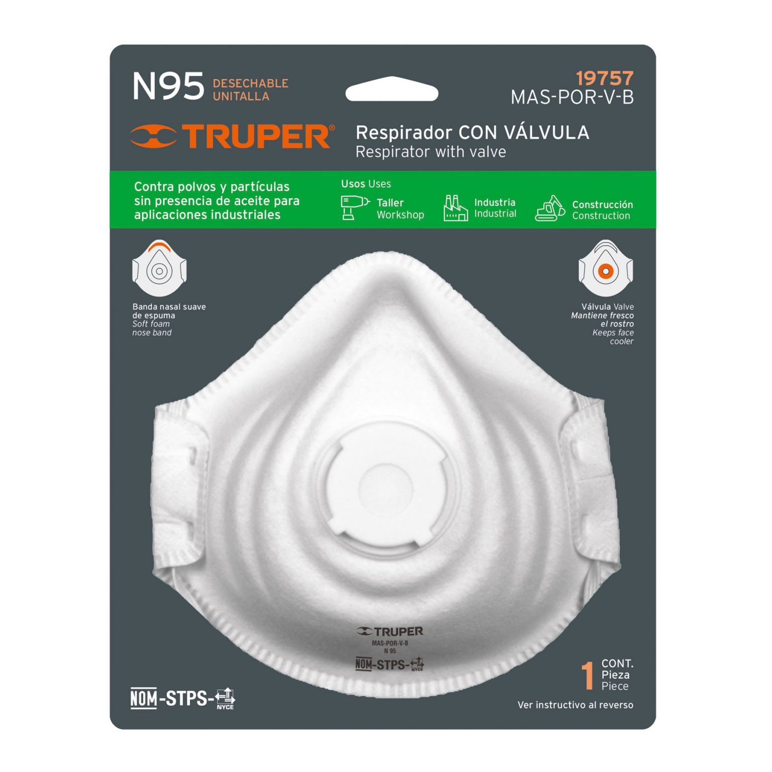 Respirador N95 con válvula para polvos y partículas, Truper - FERRETERIA F&C PROVIDER SAC